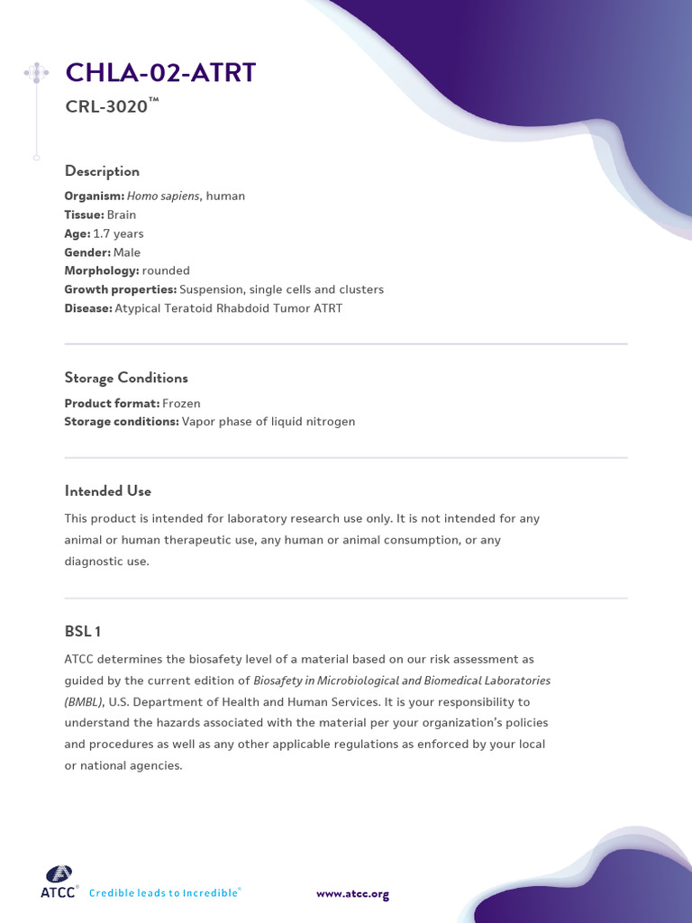 CRL 3020 Product Sheet Chla 02 Atrt | PDF | Atcc (Company)