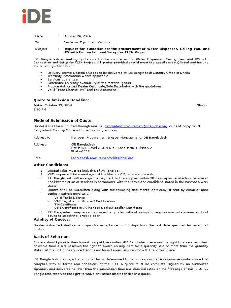 RFQ for Water Dispenser & Ceiling Fan | PDF | Electricity