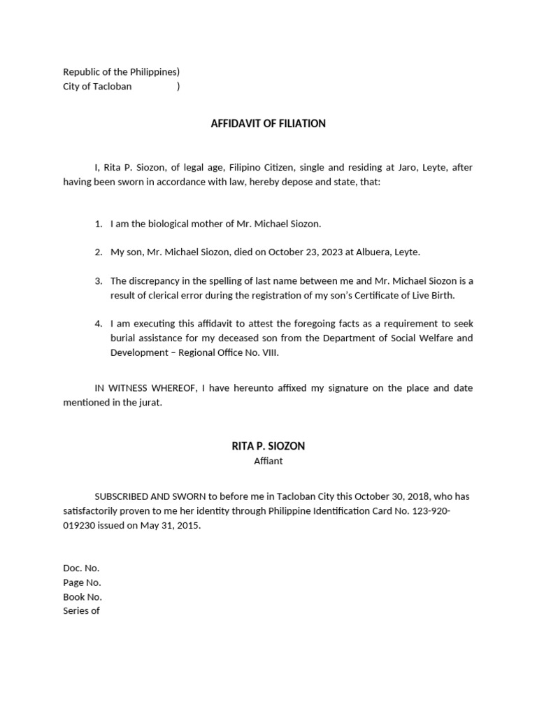 Affidavit of Filiation for Burial Aid | PDF