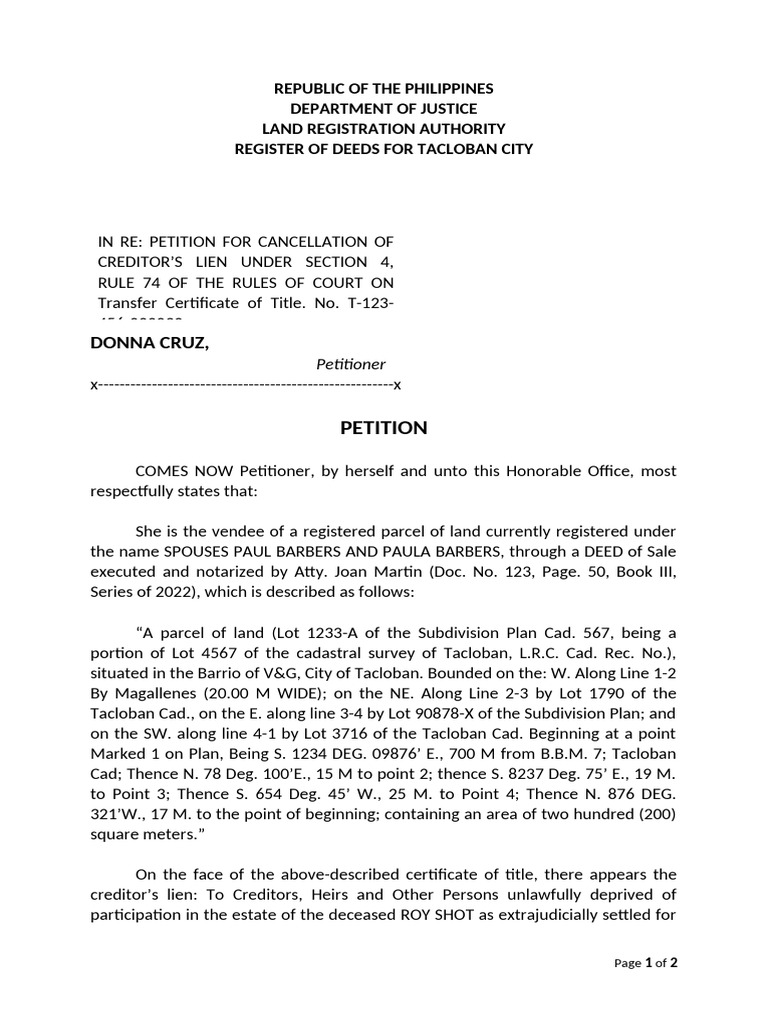 Petition For Cancellation of Lien Rule 74 Heirs of CRUZ | PDF | Private Law | Civil Law (Common Law)