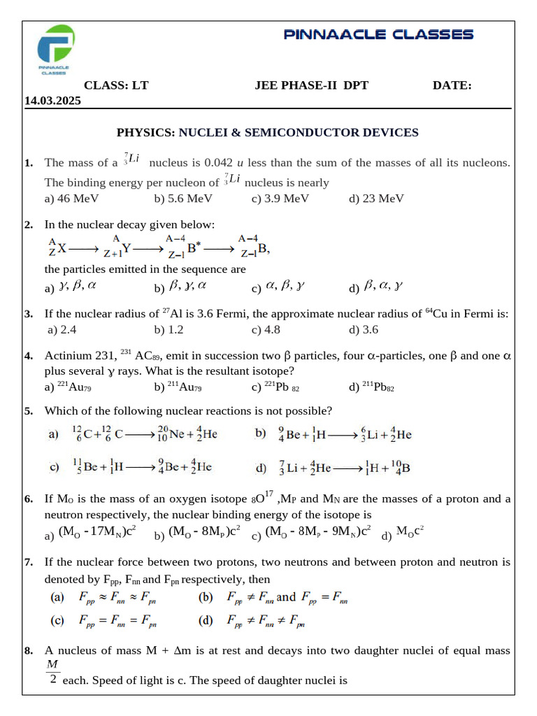 LT JEE PHASE-II PHY DPT 14.03.25 | PDF | Nuclear Physics | Neutron