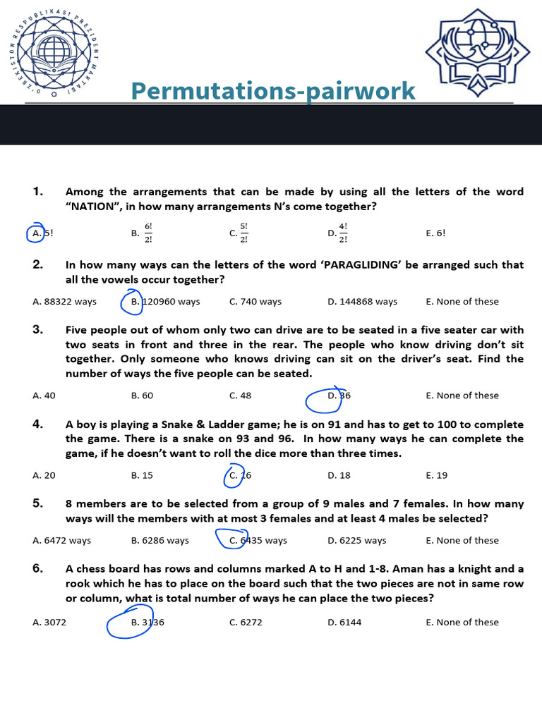 Permutations Pairwork Multiple Choice 15.01+16.01 Answers | PDF ...