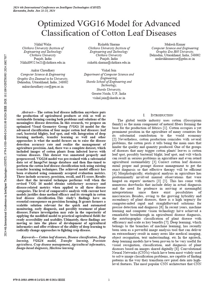 Optimized - VGG16 - Model - For - Advanced - Classification - of - Cotton - Leaf - Diseases ...
