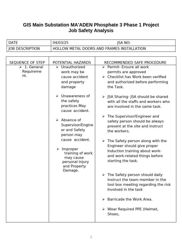 JSA for Metal Door Installation Safety | PDF | Working Conditions ...