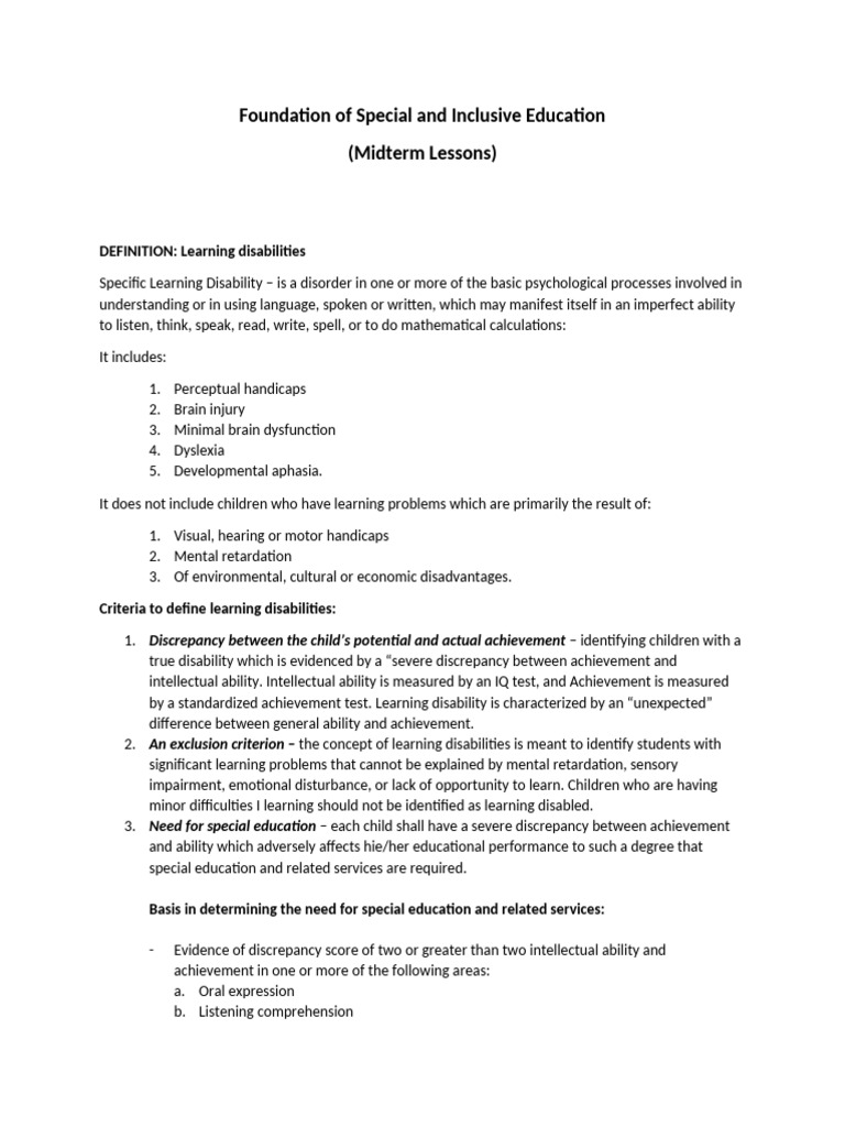 Foundation of Special and Inclusive Education Midterm Lessons 2 | PDF ...