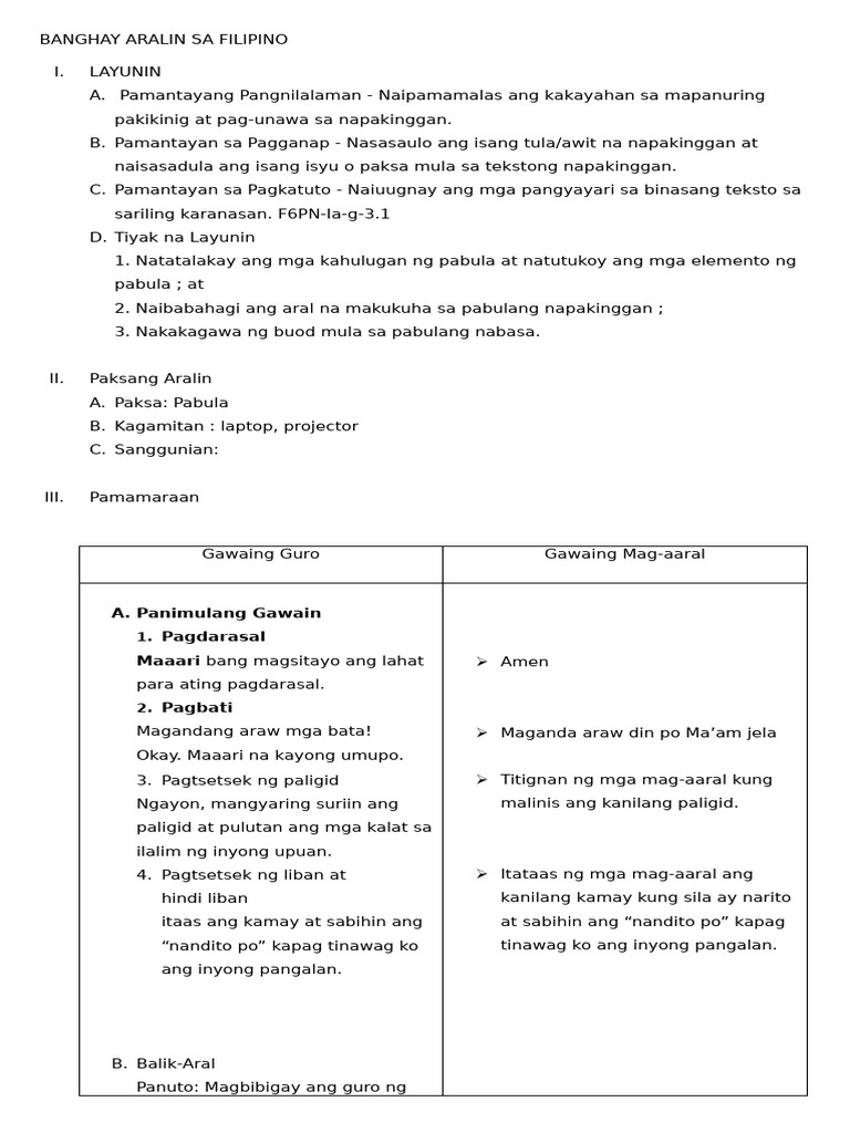 Banghay Aralin Sa Filipino | PDF