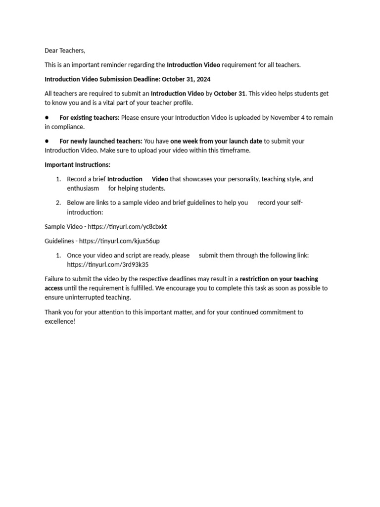 Teacher Introduction Video Deadline Reminder | PDF