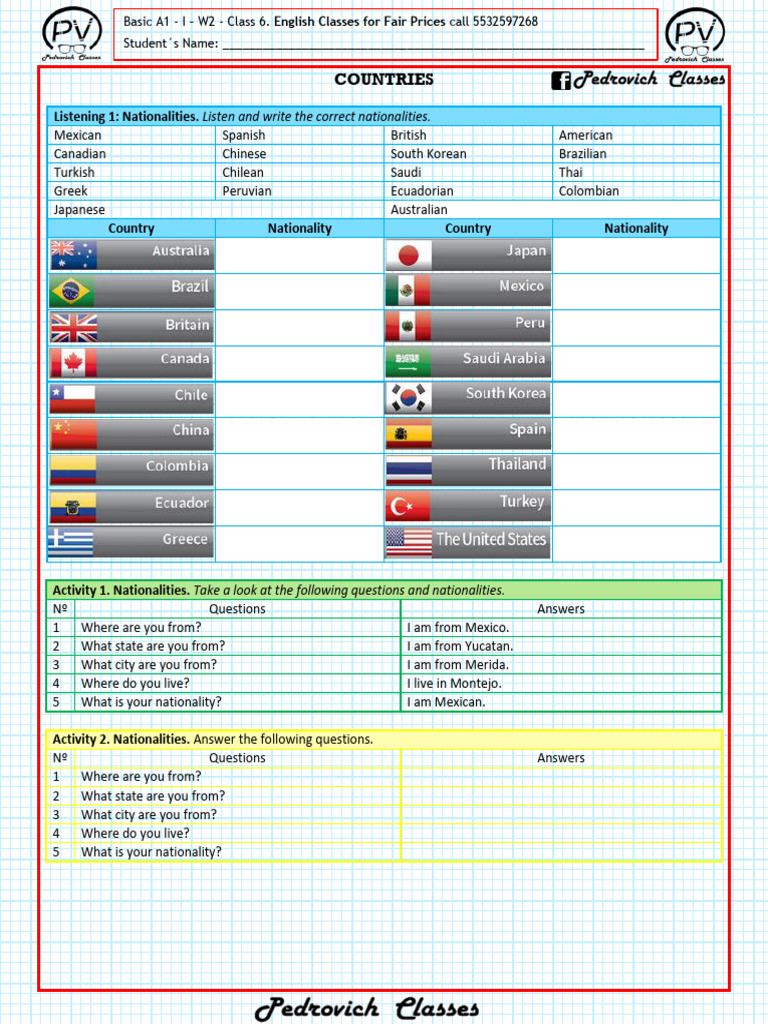 Basic A1 - I - W2 - Class 6 - Countries | PDF