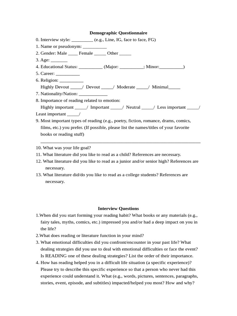 Demographic Questionnaire Interview Questions2 | PDF | Experience