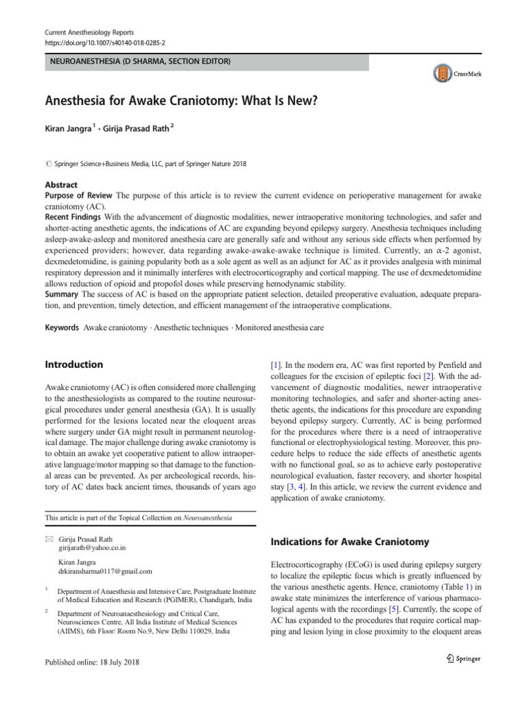 Awake Craniotomy Update Review (Girija Sir) | PDF | Anesthesia | Surgery
