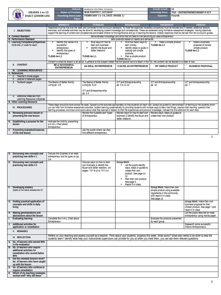 DLL - Tle - Entrep & Ict 6 Q4 - W1 | PDF | Educational Technology | Learning
