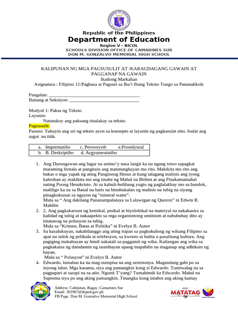 Pagbasa at Pagsuri Portfolyo K3 | PDF