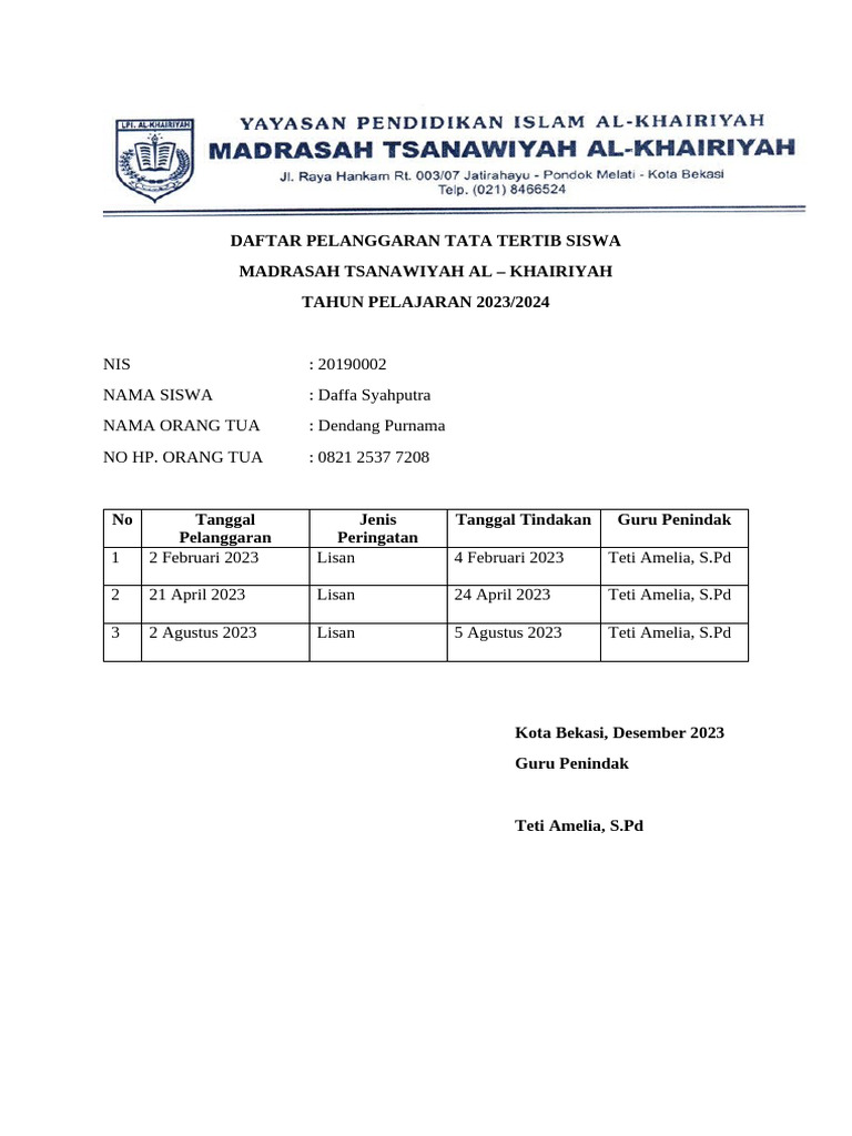 Daftar Pelanggaran Tata Tertib Siswa 2022 | PDF