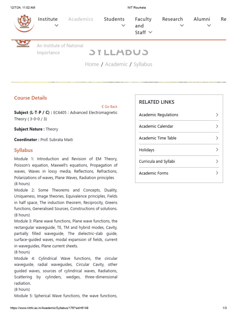 NIT Rourkela Electromagnetics Syllabus | PDF | Waveguide | Waves
