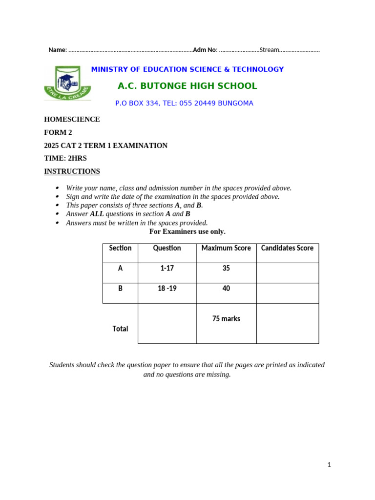 Form 2 Home Science Exam Paper 2025 | PDF