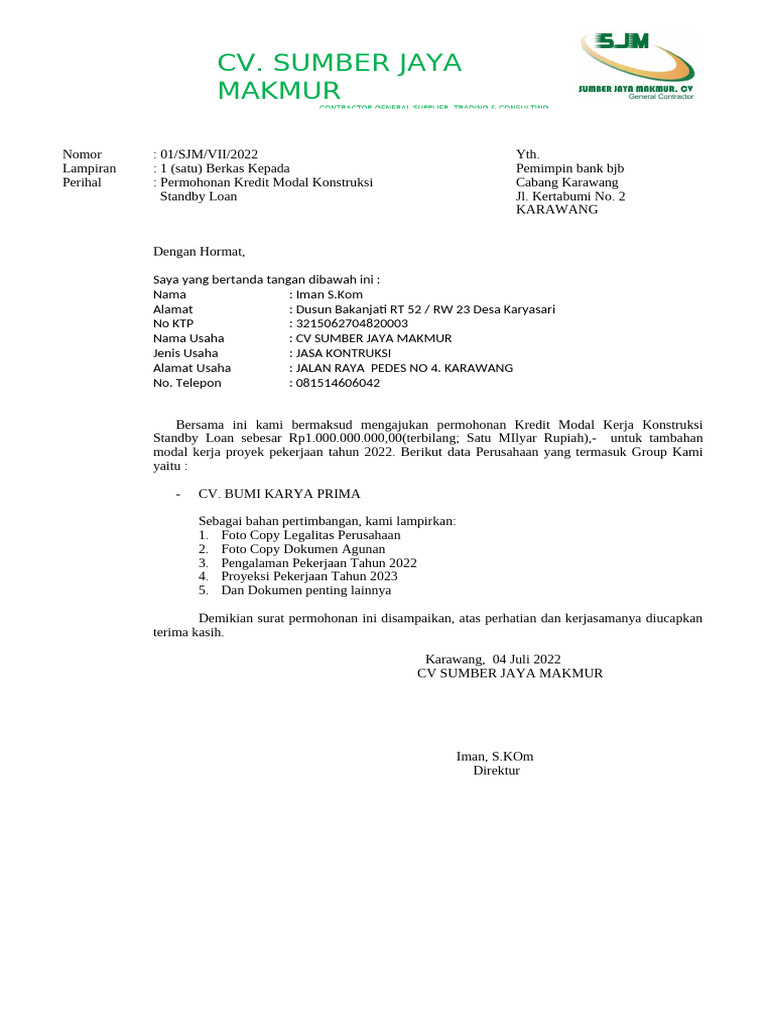 Permohonan Kredit CV Sumber Jaya | PDF