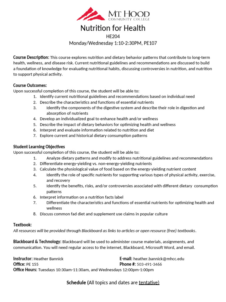 HE204 Nutrition For Health Syllabus Fall 2 | PDF | Discrimination ...