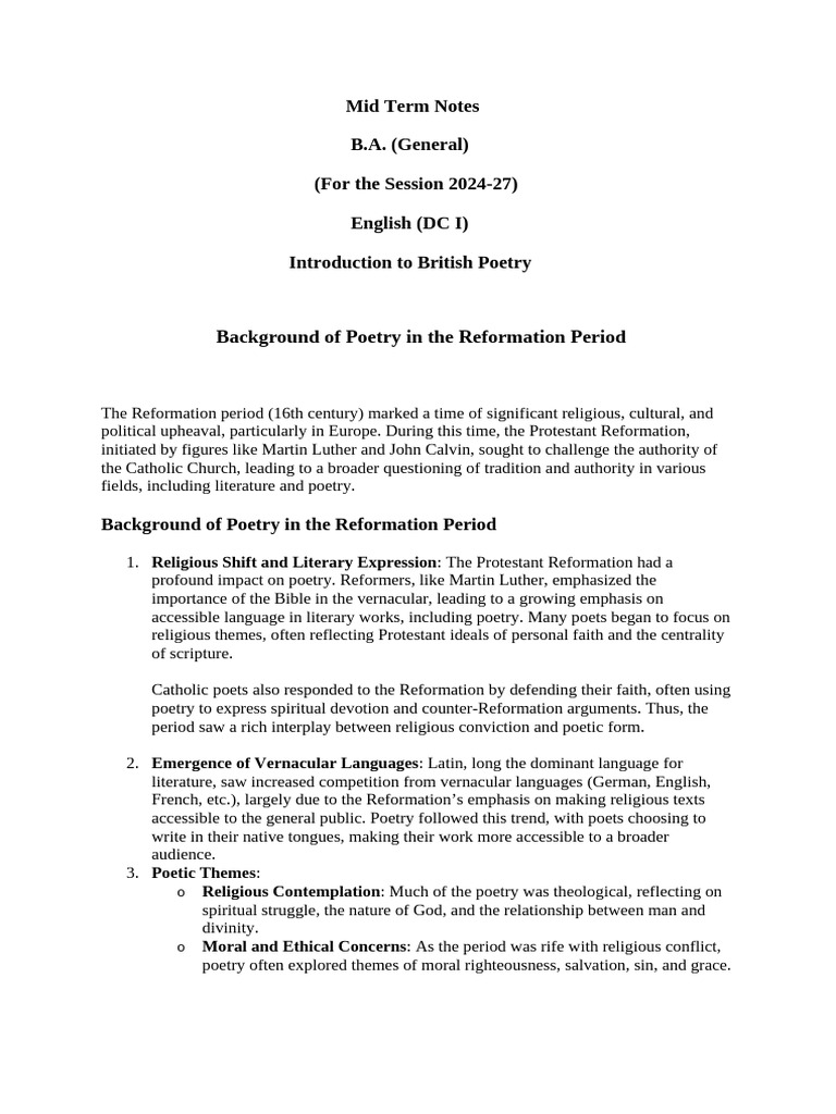 Mid Term Notes Background 2 | PDF | Protestantism | Poetry