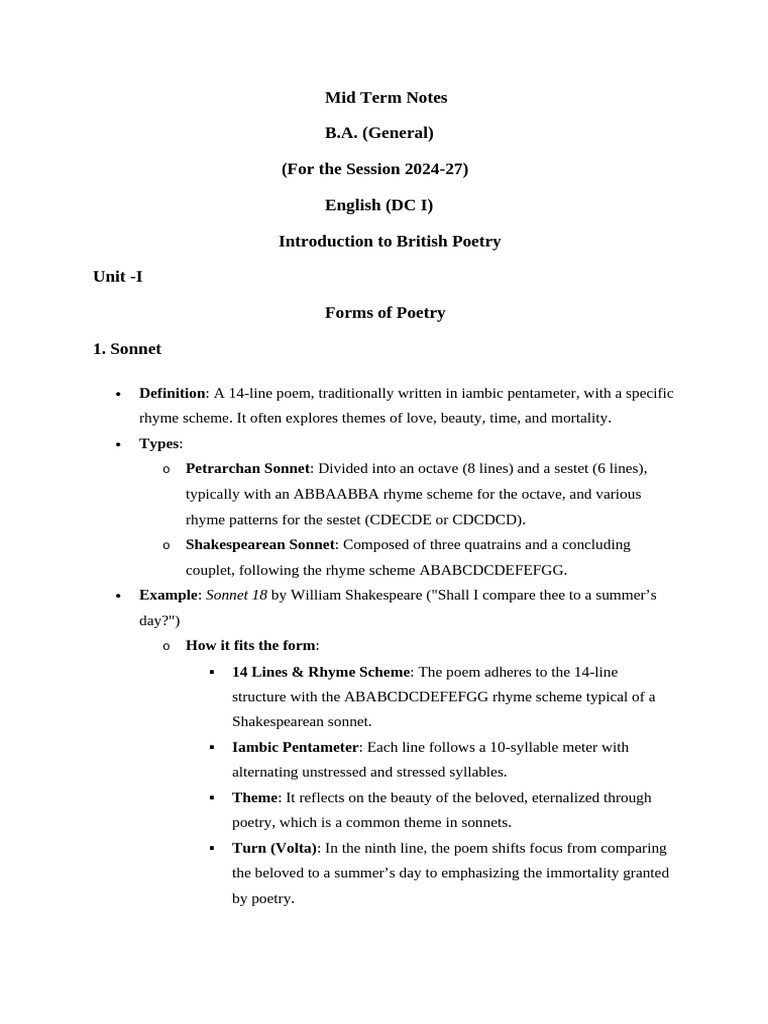 Mid Term Notes BA Poetry | PDF | Poetry | Stanzaic Form