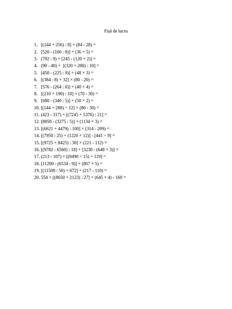Fisa Cu Toate Operatiile Și Paranteze A IV-A | PDF