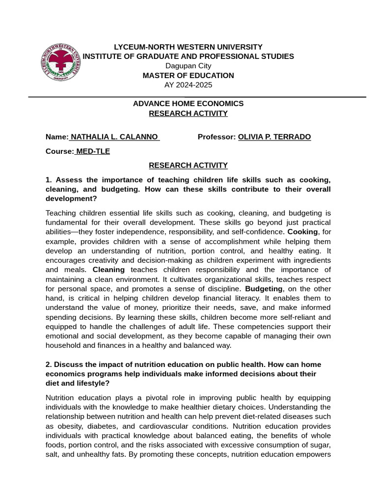 Advance Home Economics - Nathalia L Calanno - Med-Tle - 110520 | PDF ...