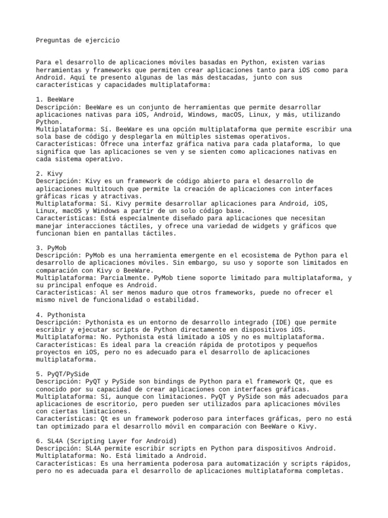 Preguntas de Ejercicio | PDF | Software multiplataforma | Software de la aplicacion