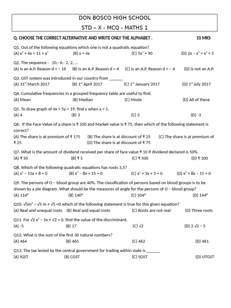Maths 1 Mcq - Copy | PDF | Mathematics | Algebra