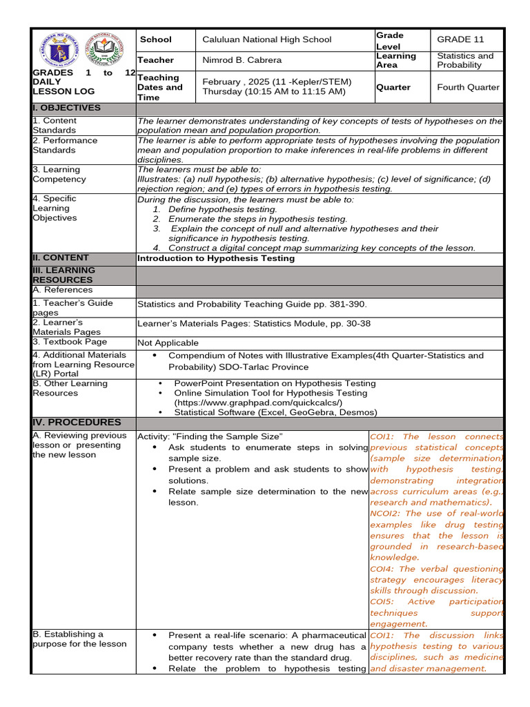 Grade 11 Hypothesis Testing Lesson Plan | PDF