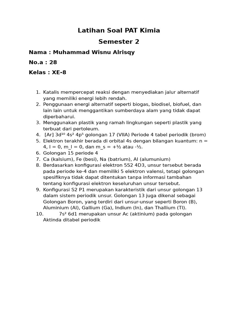 Kimia Latihan PAT 1-10 | PDF