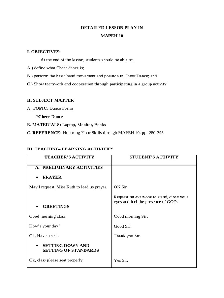 Cheer Dance Lesson Plan for MAPEH 10 | PDF | Cheerleading | Dances