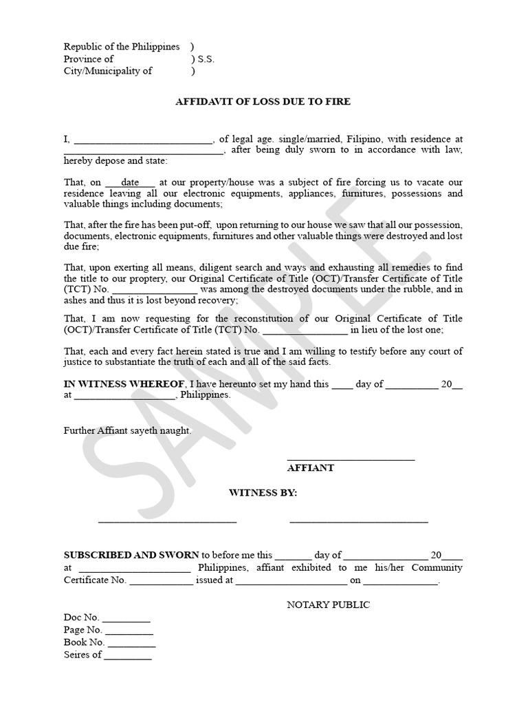 Affidavit of Loss Due To Fire 2024 | PDF