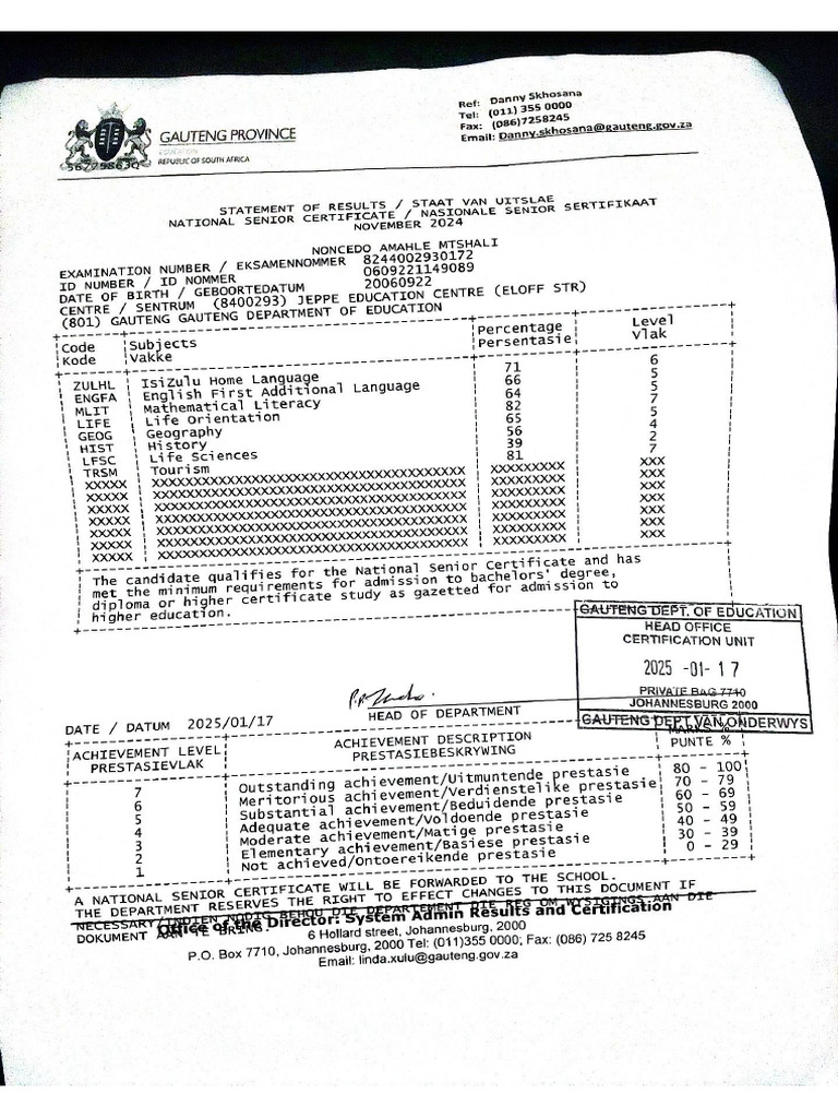 Noncedo's NSC Results | PDF