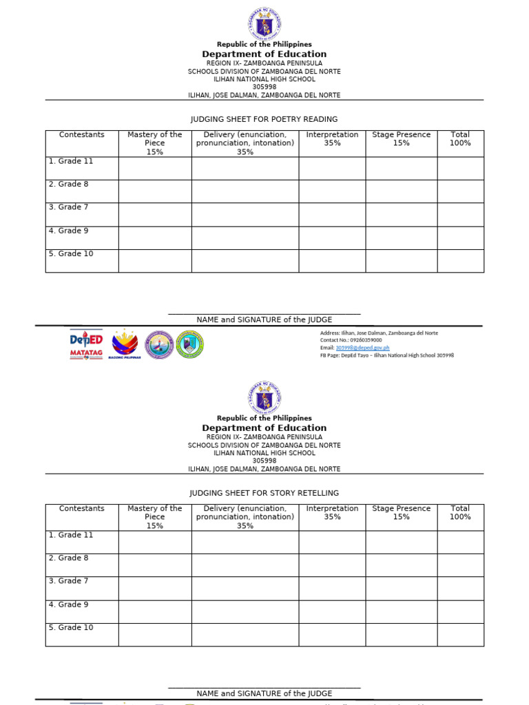 Judging Sheet, Tabulation, and Tally Sheet | PDF