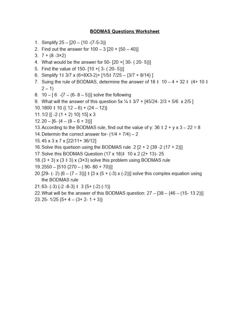 BODMAS Questions Worksheet | PDF