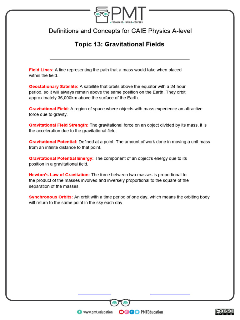 Definitions - Topic 13 Gravitational Fields - CAIE Physics A-Level | PDF