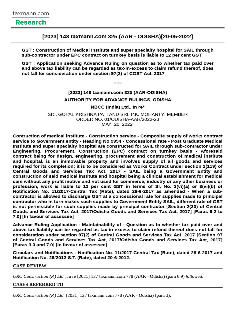 2023 05 23T00 00 2023 148 Taxmann Com 325 AAR ODISHA 20 05 2022 NBCC ...
