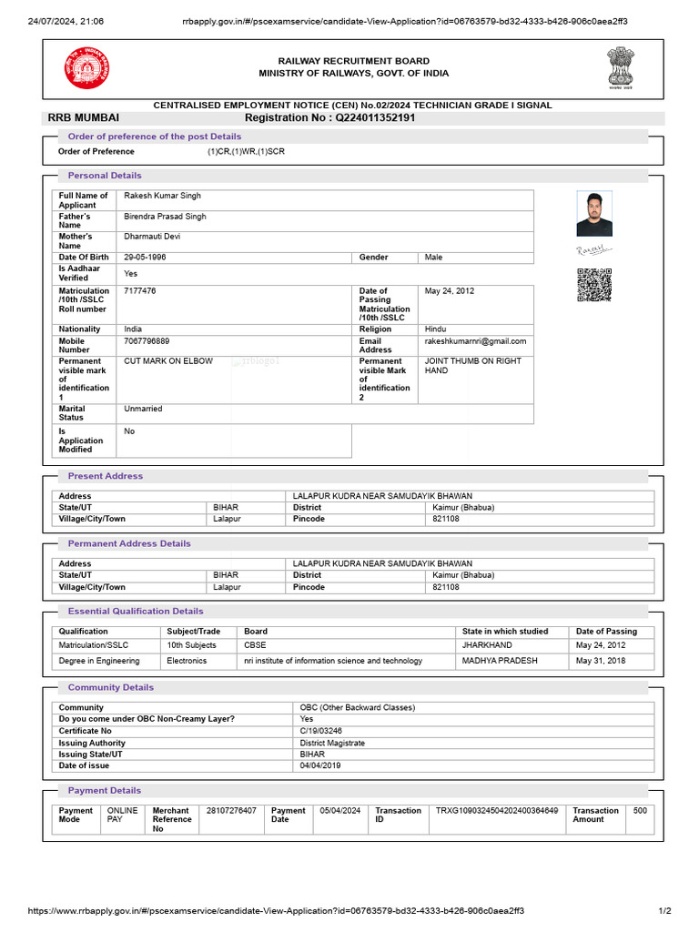 Rrbapply.gov.in # Pscexamservice Candidate View Application Id=06763579 ...