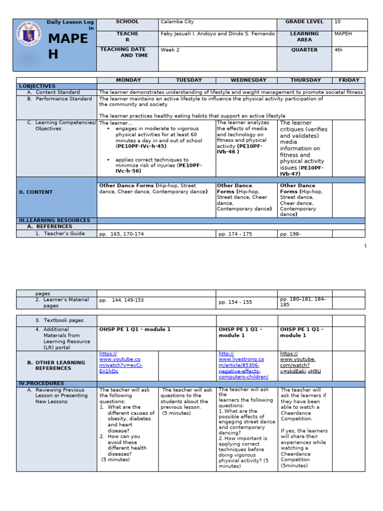 MAPEH Lesson Plan for Grade 10 | PDF | Physical Fitness | Learning