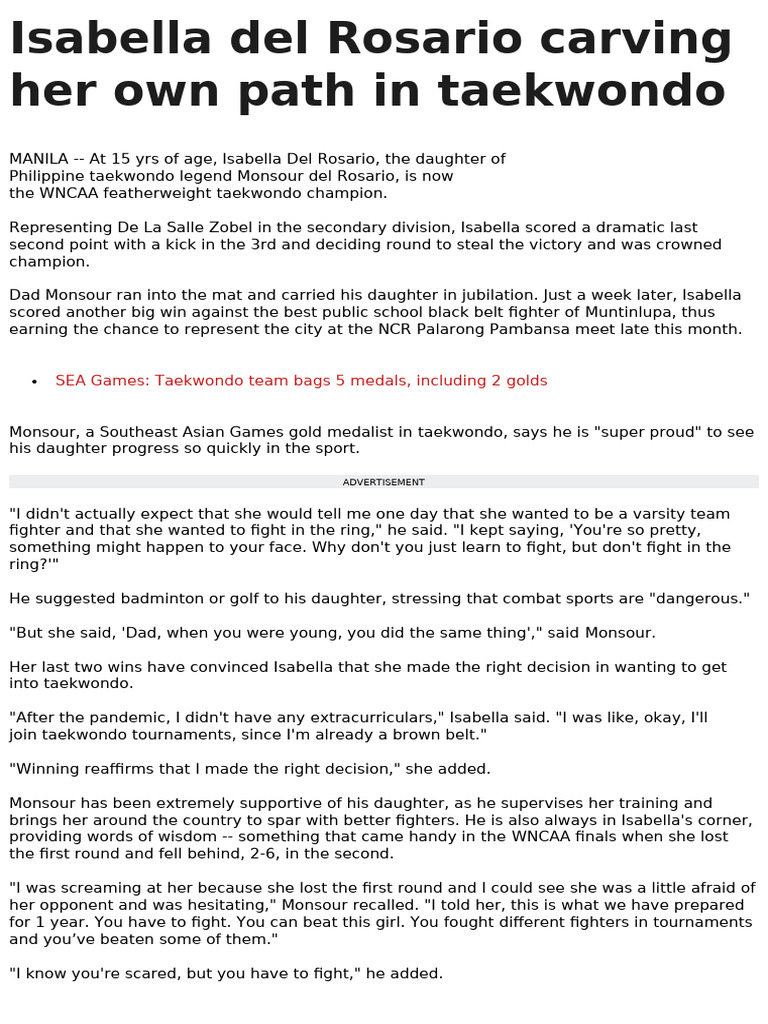 Isabella Del Rosario: Rising Taekwondo Star | PDF