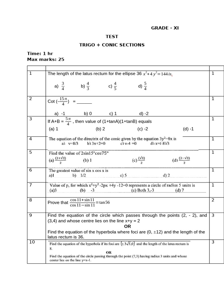 TEST-2 (Trigo+ Conic Sections) | PDF