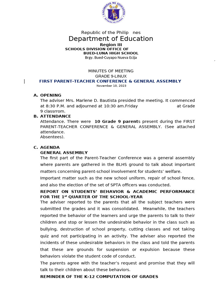 1ST Parents - Meeting Minutes | PDF | Teachers