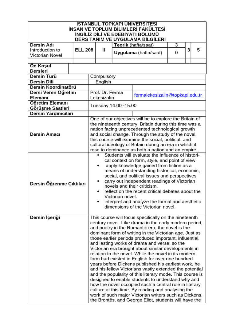 Victorian Novel Syllabus | PDF | Wuthering Heights | Emily Brontë