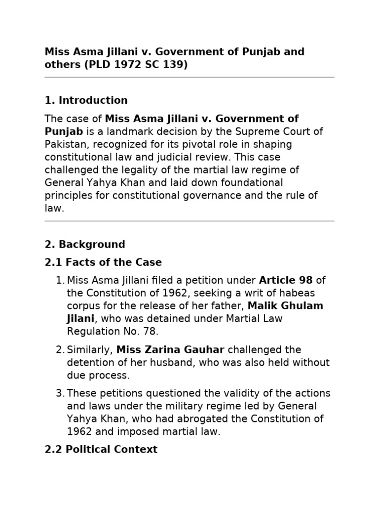 Miss Asma Jillani V State | PDF | Martial Law | Habeas Corpus