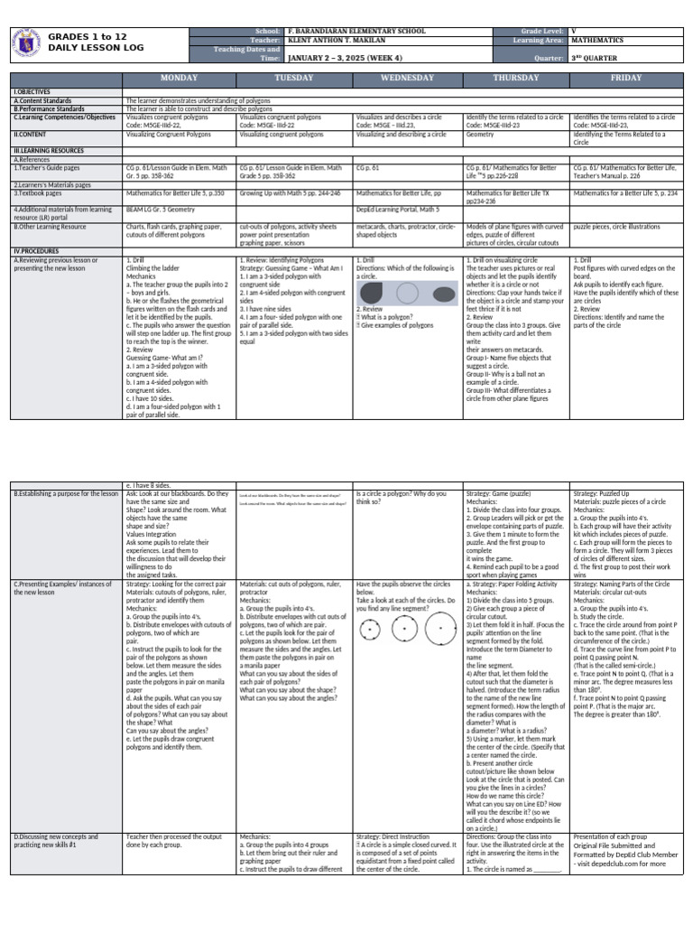 DLL - Mathematics 5 - Q3 - W4 | PDF | Circle | Shape