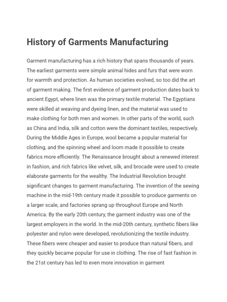 Evolution of Garment Manufacturing | PDF | Textiles | Clothing