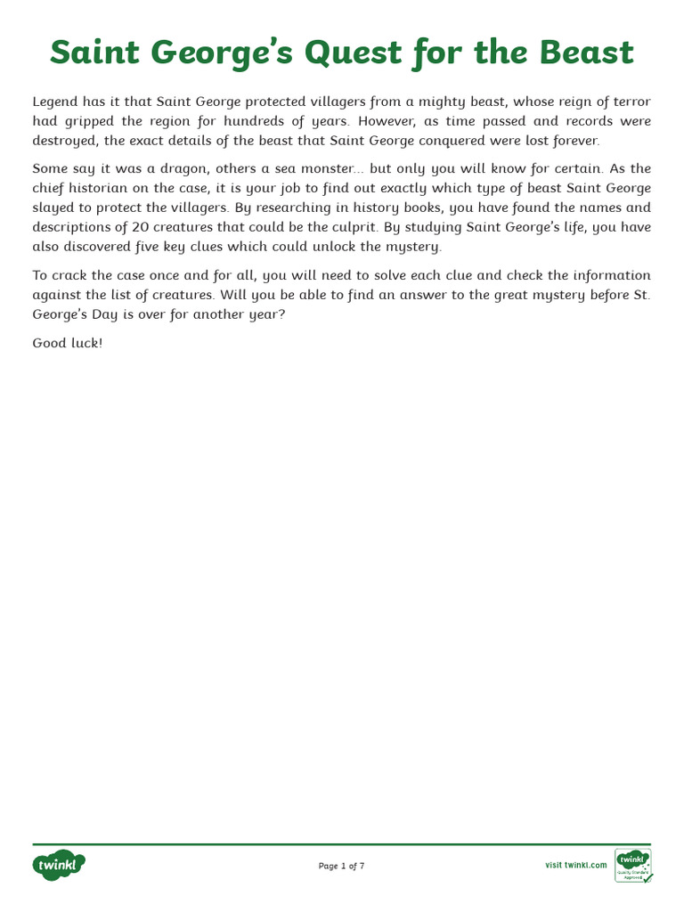 Saint Georges Quest For The Beast | PDF | Part Of Speech | Linguistic ...