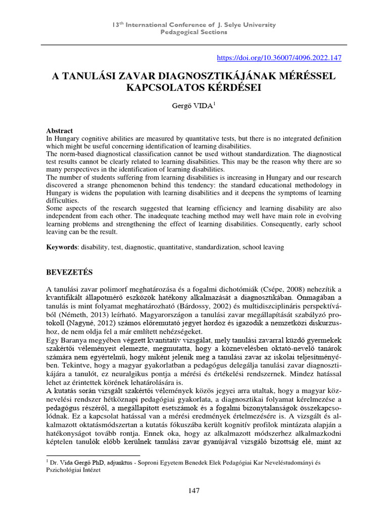 A Tanulasi Zavar Diagnosztikajanak Meres | PDF