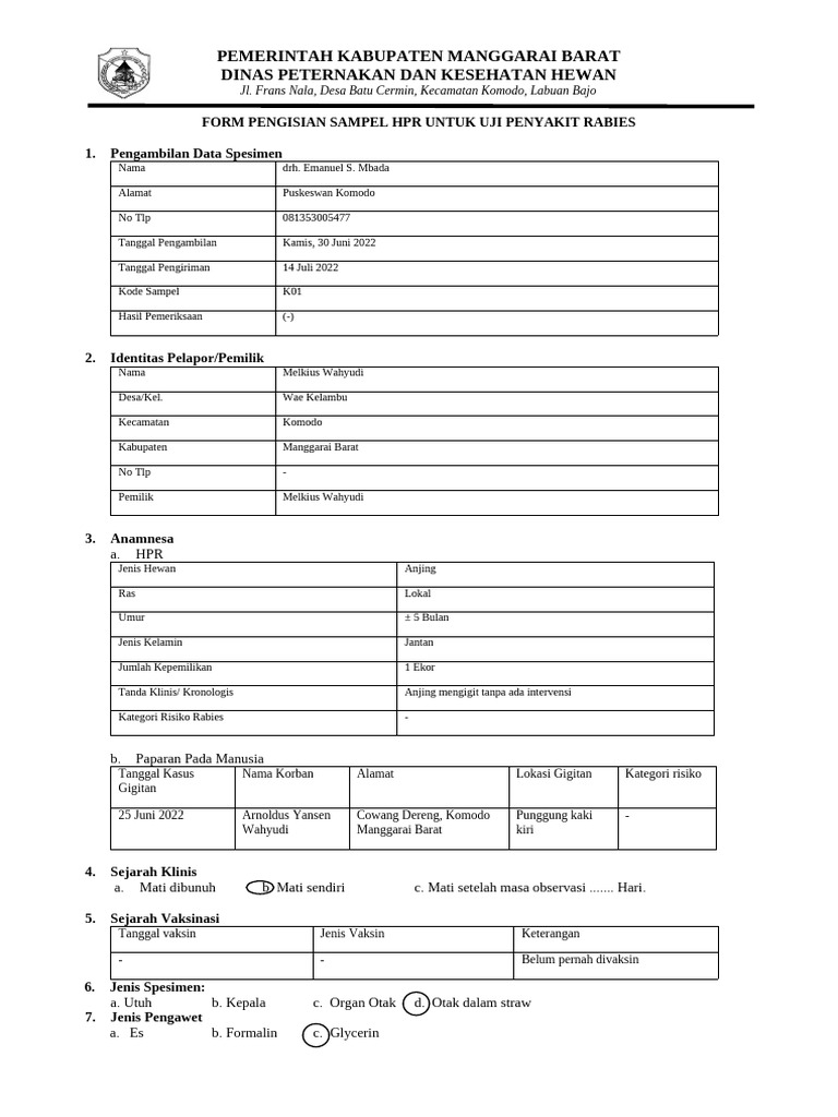 FORM PENGISIAN SAMPEL HPR UNTUK UJI PENYAKIT RABIES mama ika | PDF