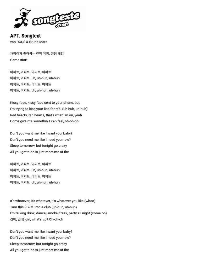 APT. Lyrics by Rosé & Bruno Mars | PDF