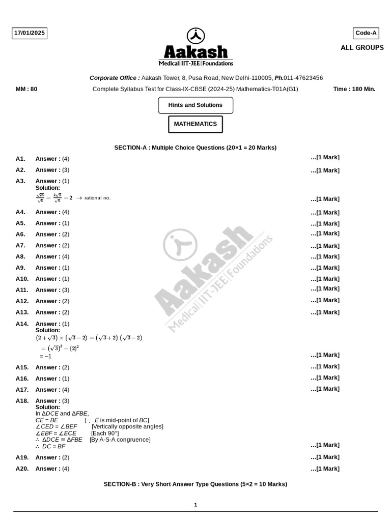 CBSE CST-1A - All Groups (C-09) - Maths (17-01-2025) - SOL | PDF | Euclidean Geometry ...